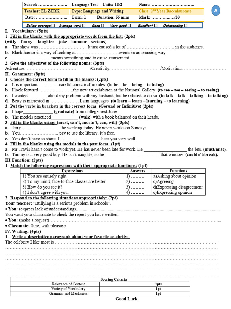 2nd Year Language Test | PDF | Verb | Linguistics