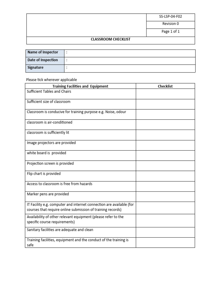 SS LSP 04 F02 Classroom Checklist | PDF
