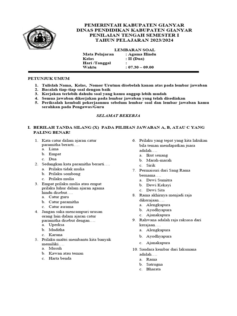 Soal Pts Agam Hindu Kelas 2 | PDF