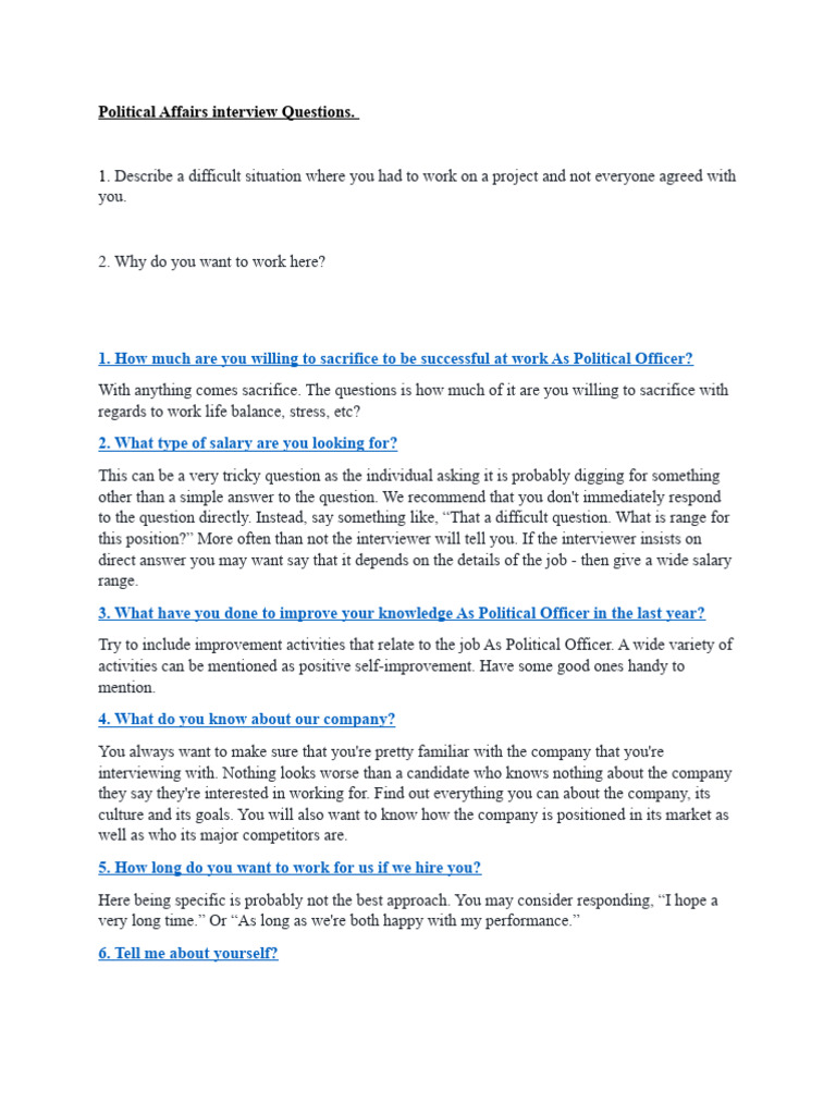 Political Affairs Interview Questions | PDF | Communication | Experience