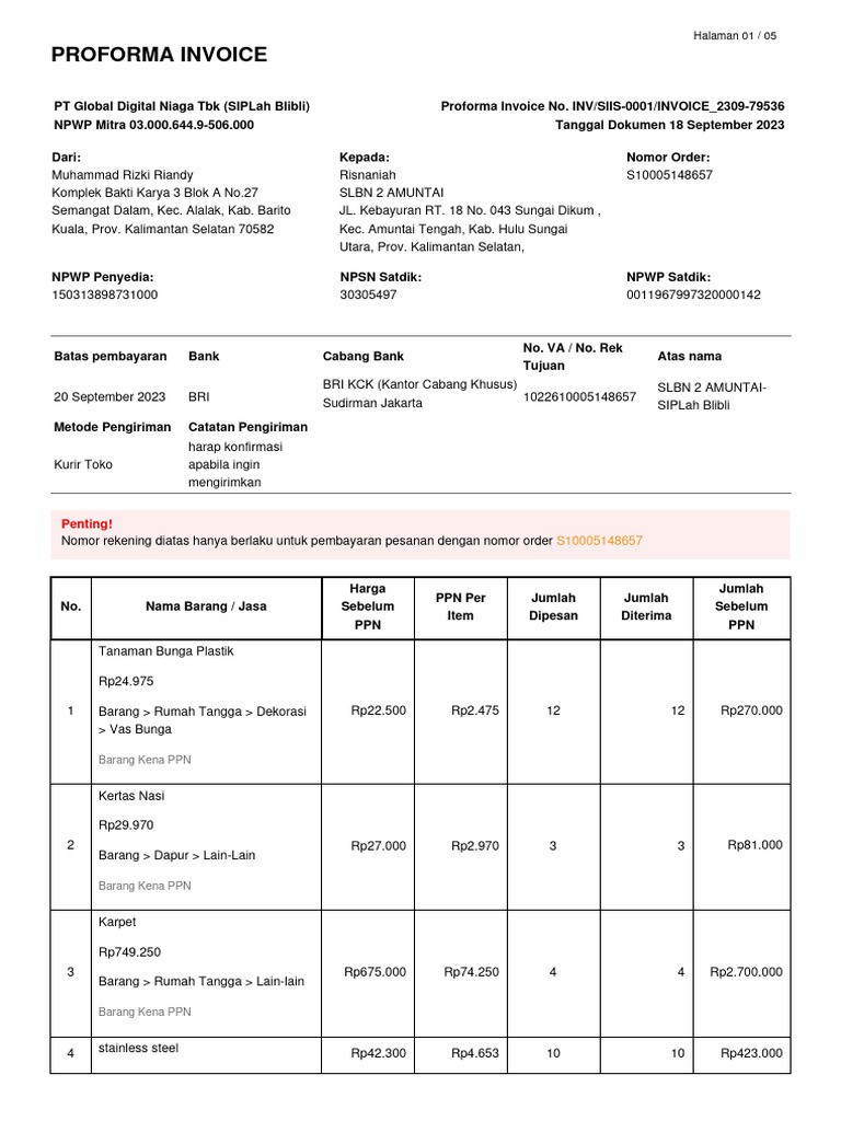 Proforma Invoice S10005148657 | PDF