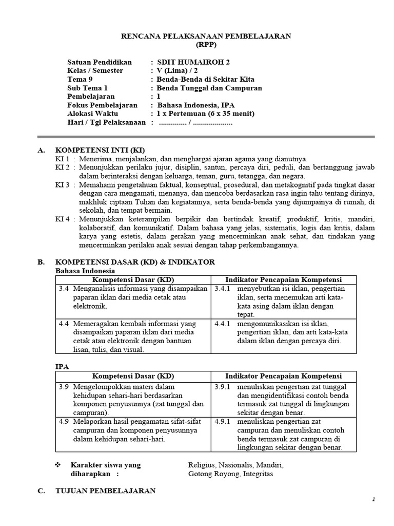 RPP Kelas 5 Tema 9 - Benda-Benda Di Sekitar Kita | PDF