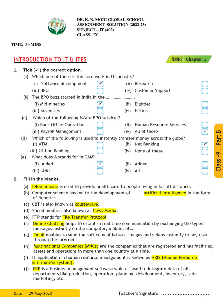 IX CT PART-B CH-1 Assignment - Solution | PDF | File Transfer Protocol | Online And Offline