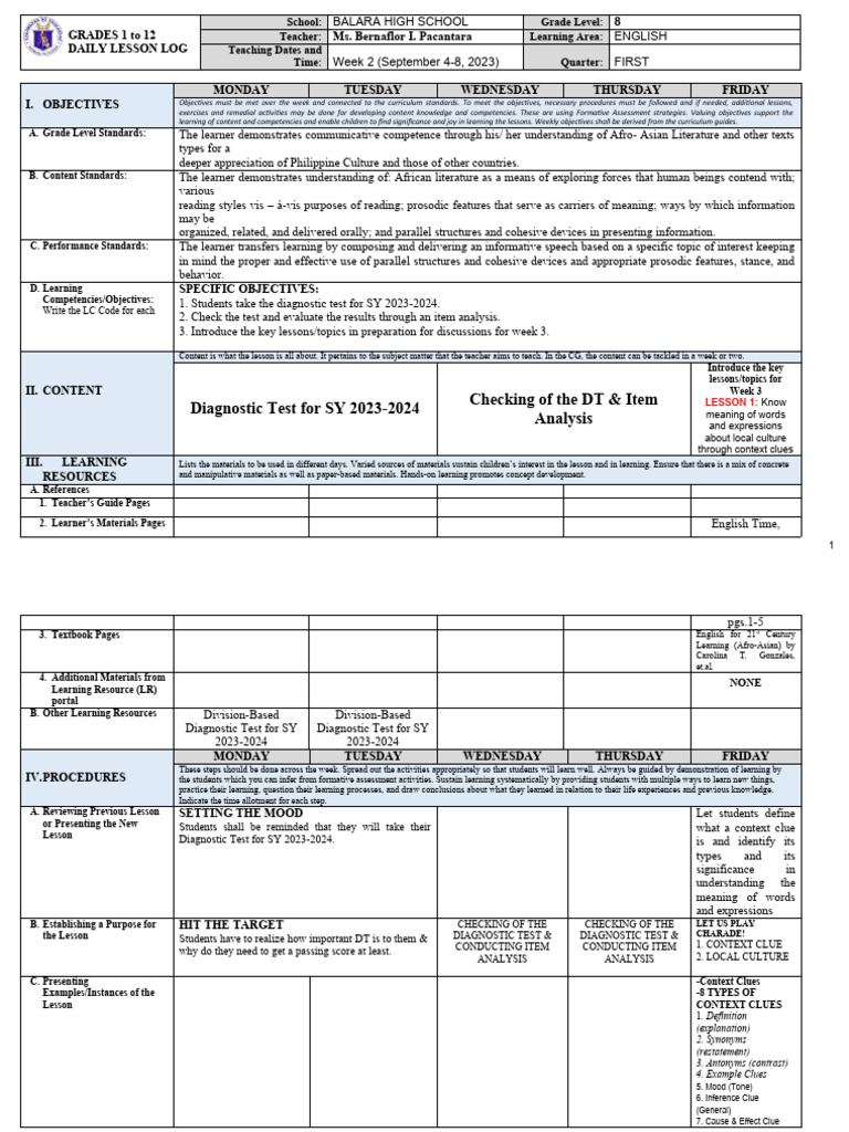 DLL - 1st - Quarter - wk2 - Grade8 September 4 8 2023 Mr. Trinidad | PDF | Learning | Teachers