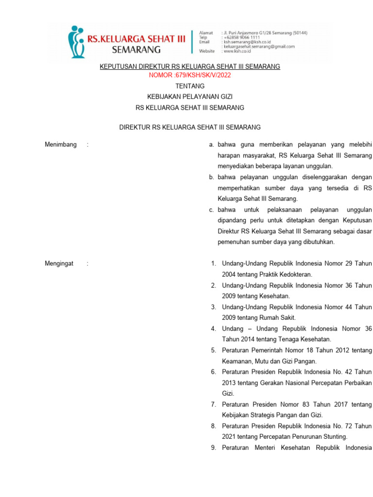 SK Kebijakan Pelayanan Gizi 2023 | PDF