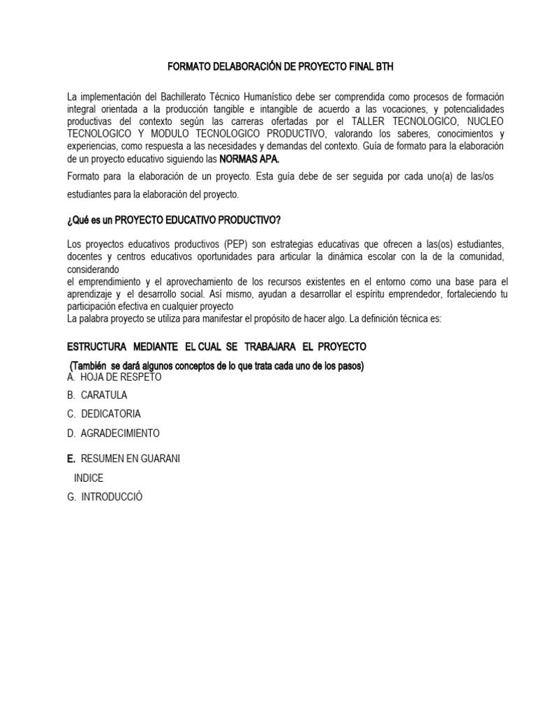 Formato de Elaboración de Proyecto Final BTH | Descargar gratis PDF ...