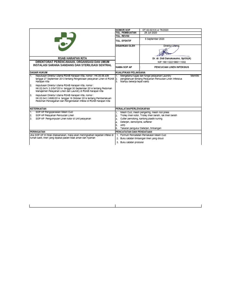 SOP AP IS4 Pencucian Linen Infeksius | PDF
