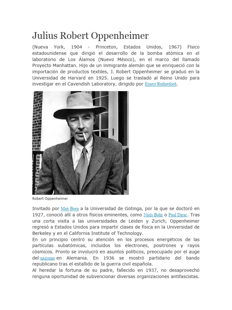 Julius Robert Oppenheimer | PDF | Proyecto Manhattan | Física nuclear