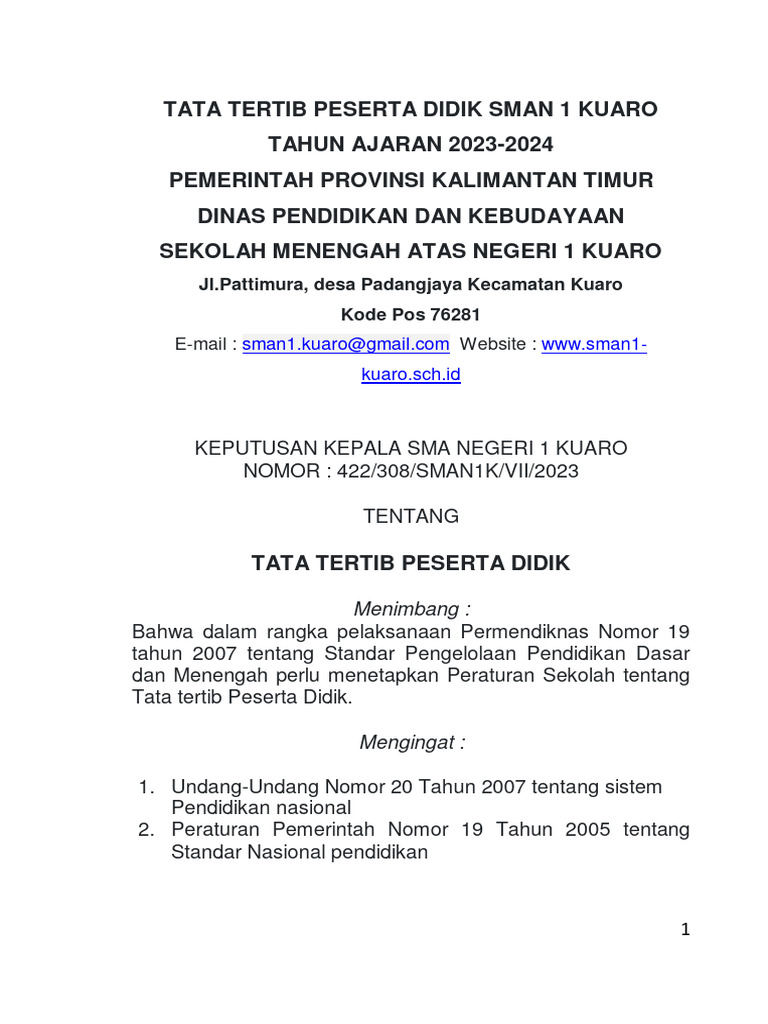 Tata Tertib Peserta Didik Sman 1 Kuaro Tahun Ajaran 2023 | PDF