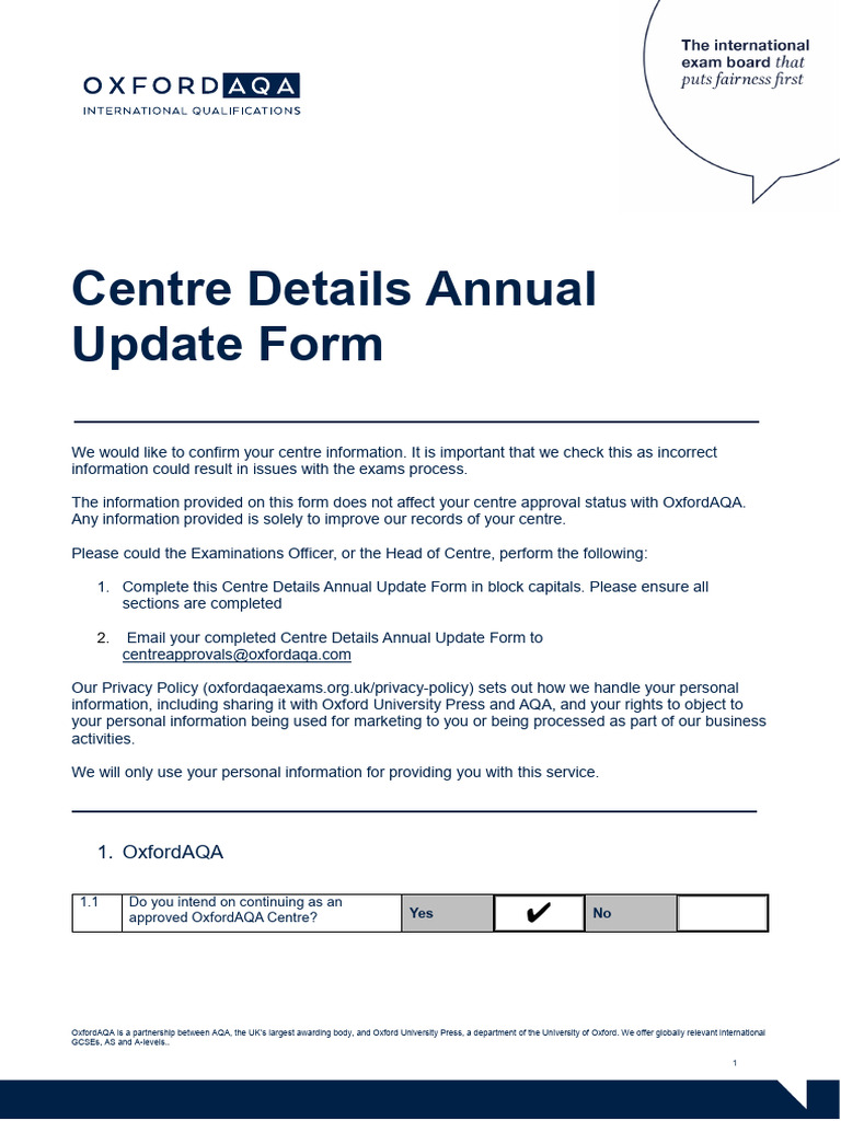 Centre Details Annual Update Form 2023-24 | PDF