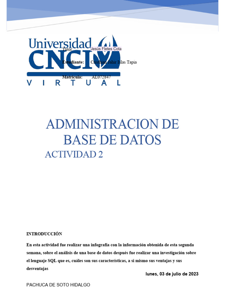 Administración de Bases de Datos Actividad 2 | Descargar gratis PDF | SQL | Bases de datos