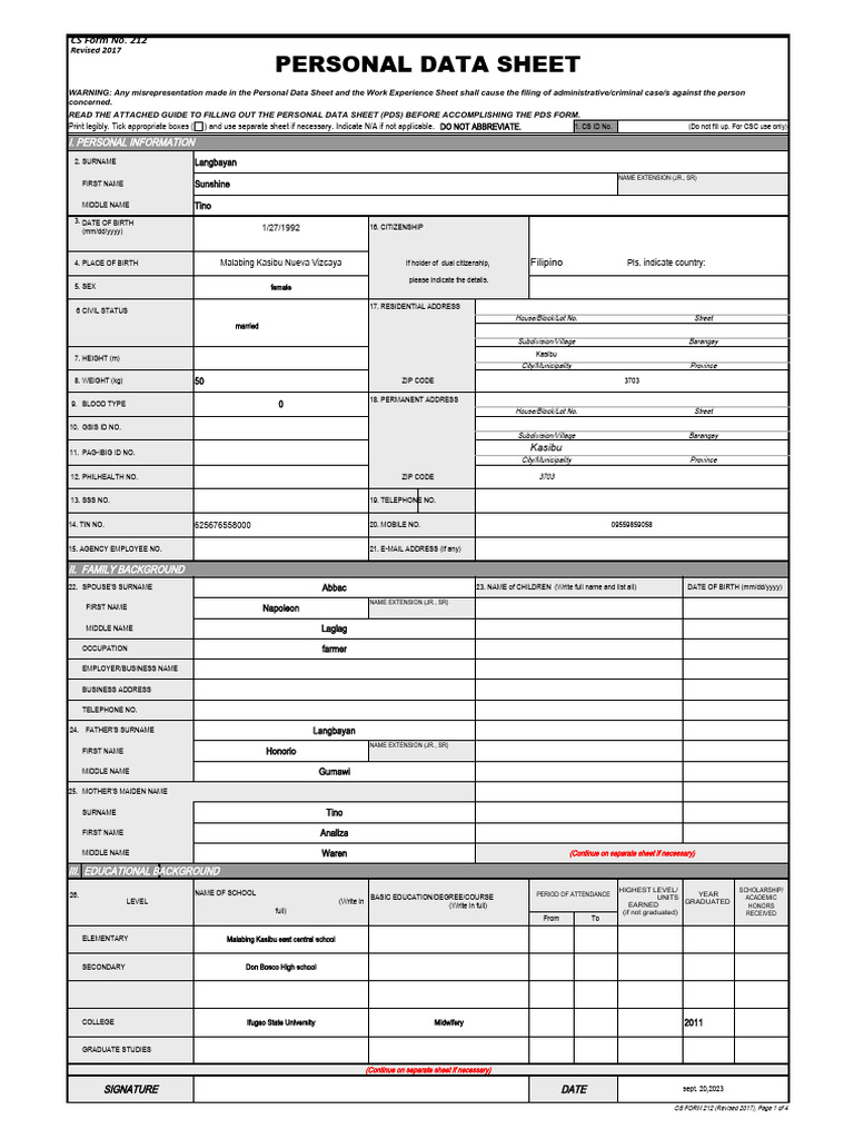 Personal Data Sheet (PDS) Template | PDF | Government | Justice