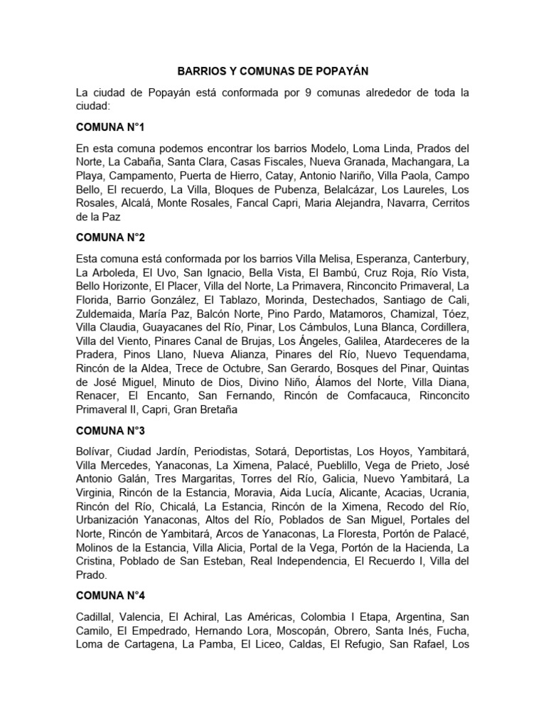 BARRIOS Y COMUNAS DE POPAYÁN | PDF | Colombia