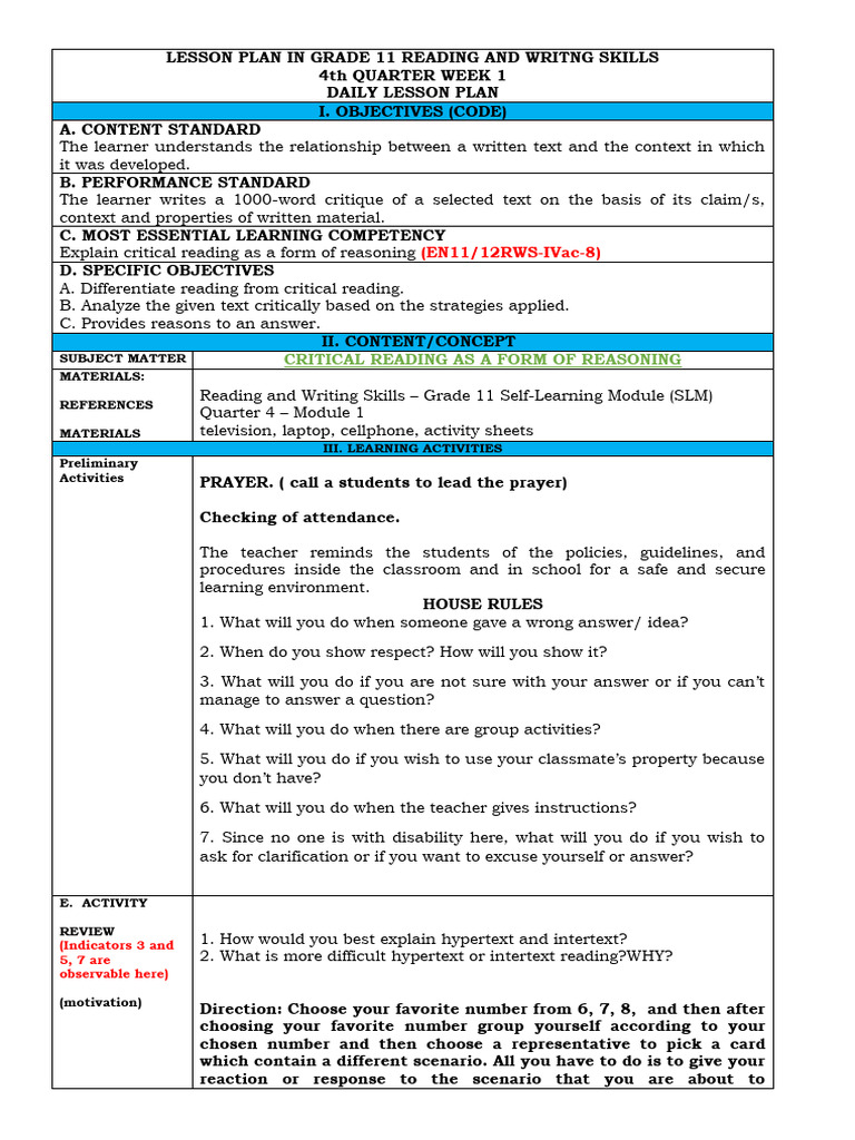 Grade 11 Critical Reading Lesson Plan | PDF | Critical Thinking ...