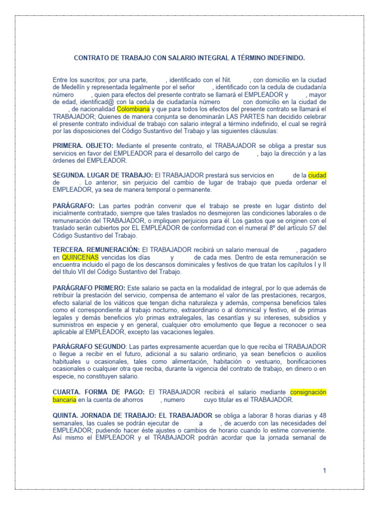 Minuta Contrato de Trabajo Con Salario Integral A Termino Indefinido | PDF | Salario | Derecho ...