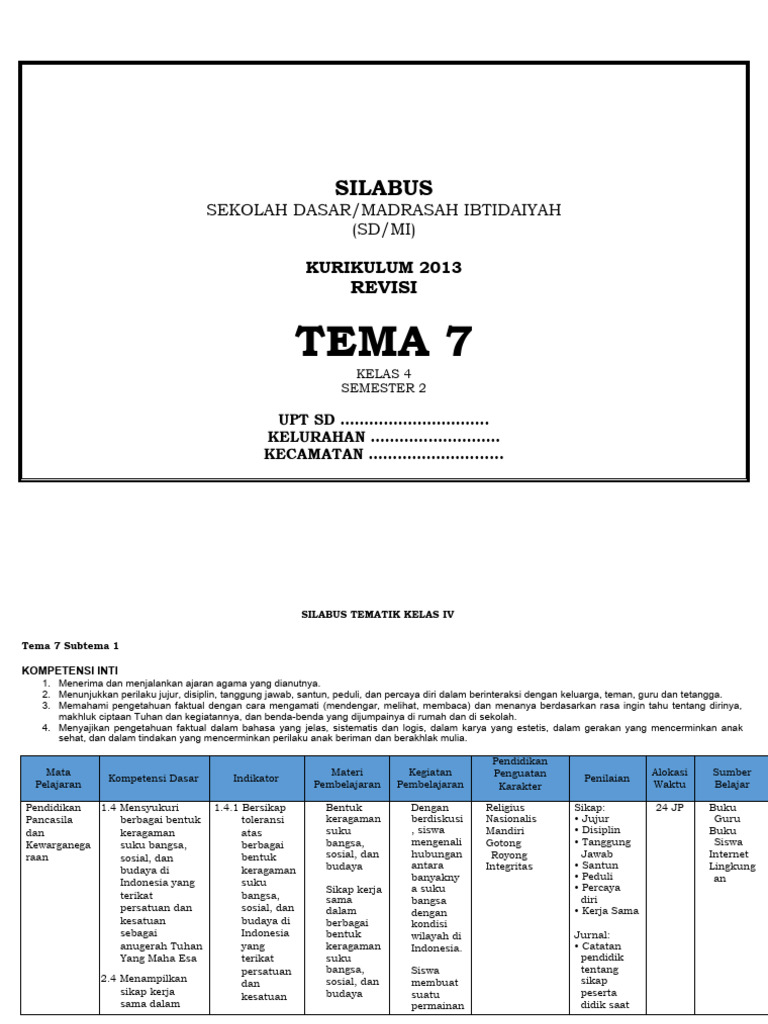 Silabus Kelas 4 Tema 7 | PDF | Karier & Perkembangan | Sains & Matematika