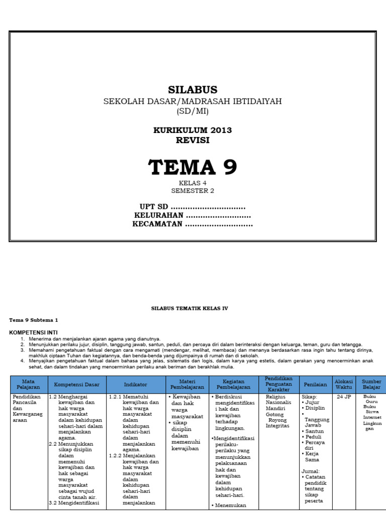 Silabus Kelas 4 Tema 9 | PDF