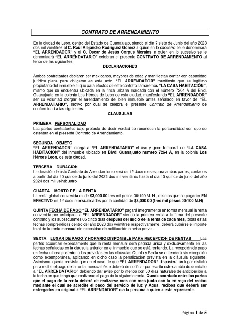 Contrato de Arrendamiento Casa Habitacion | Descargar gratis PDF | Consentimiento | Derecho ...