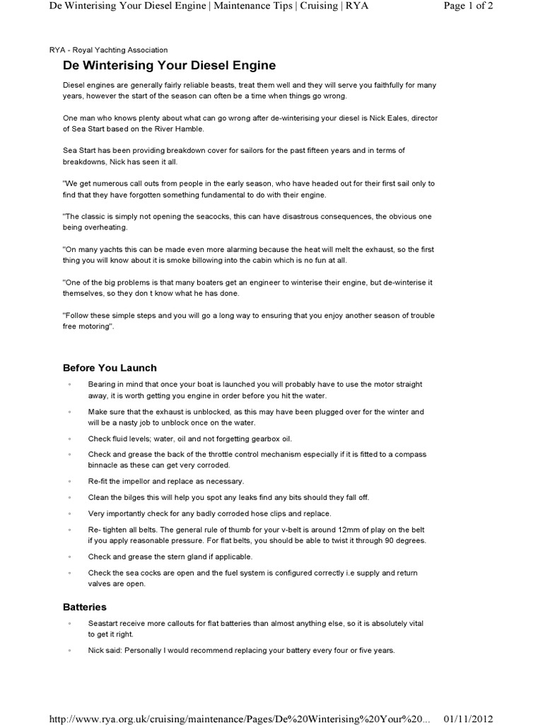 Boat De-Winterize Diesel Engine | PDF | Engines | Manufactured Goods