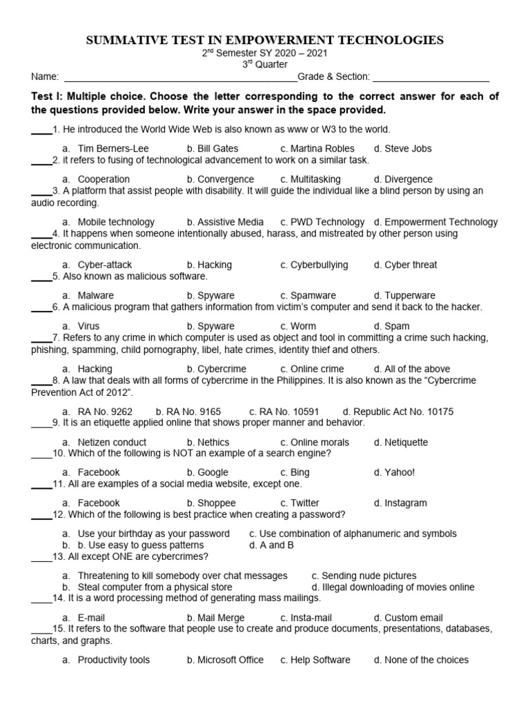Summative Test in Empowerment Technologies | PDF | Cybercrime | Image ...