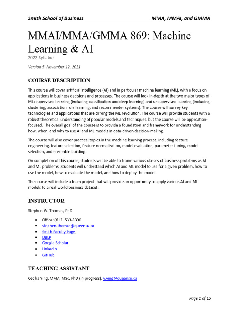 0.1 Mmai Mma Gmma 869 Syllabus | PDF | Cluster Analysis | Machine Learning