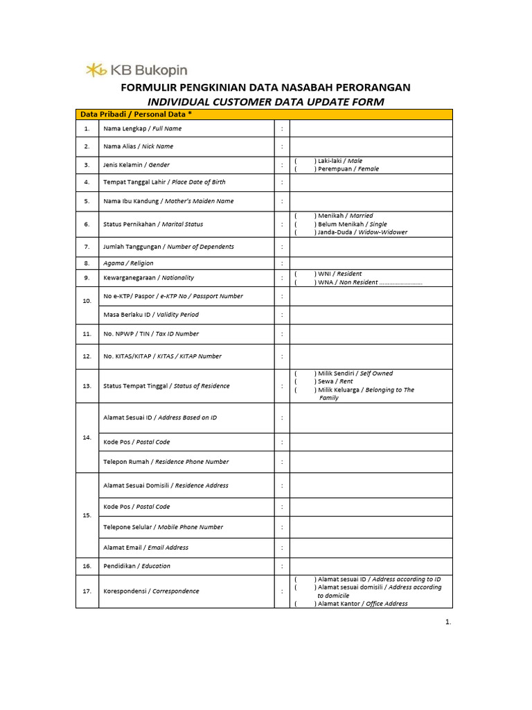 Form Pengkinian Data Nasabah Perorangan Bank KB Bukopin | PDF