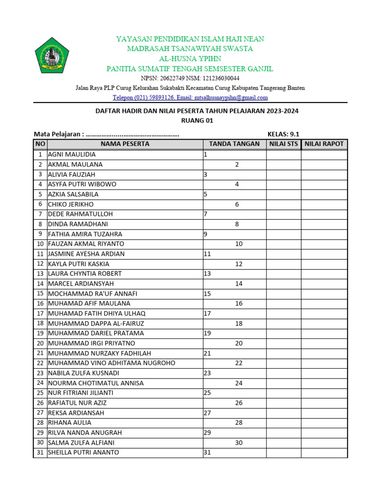 Daftar Nilai Pts Ganjil 2024 | PDF