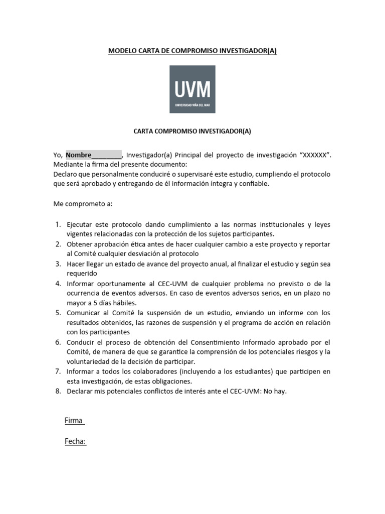 Carta Compromiso Investigador(a) | PDF | Ciencia y matemáticas