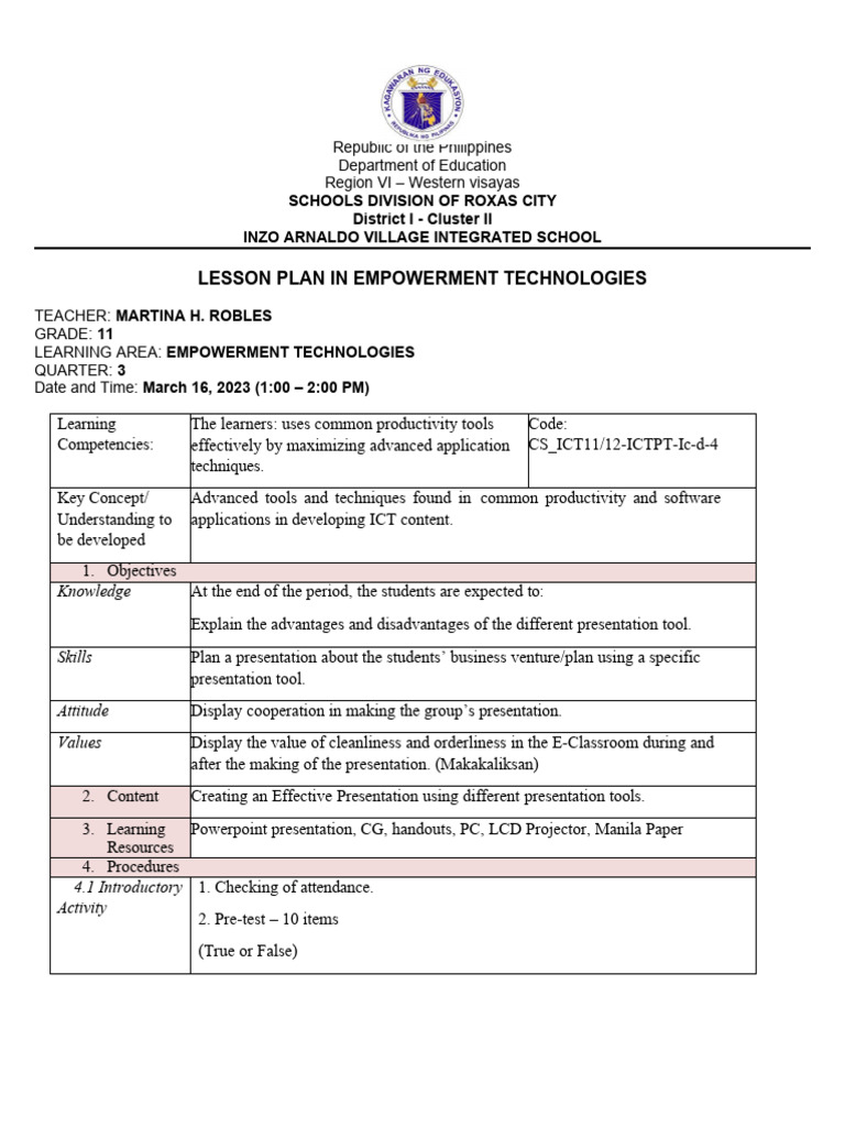 Etech 3rd QTR LP With Annotation | PDF | Teachers | Learning