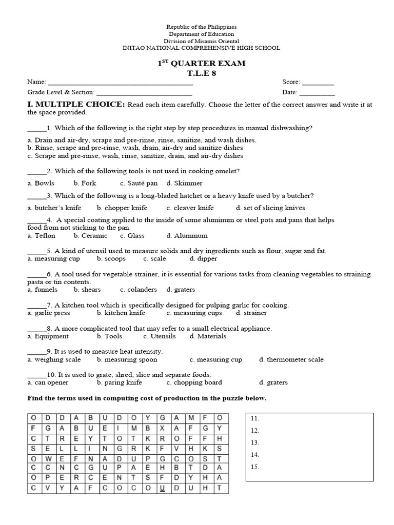 1st Quarter Exam-TLE | PDF