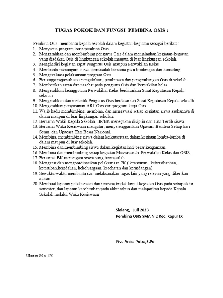 Tugas Pokok Dan Fungsi Pembina Osis 80 X 120 | PDF | Karier & Perkembangan
