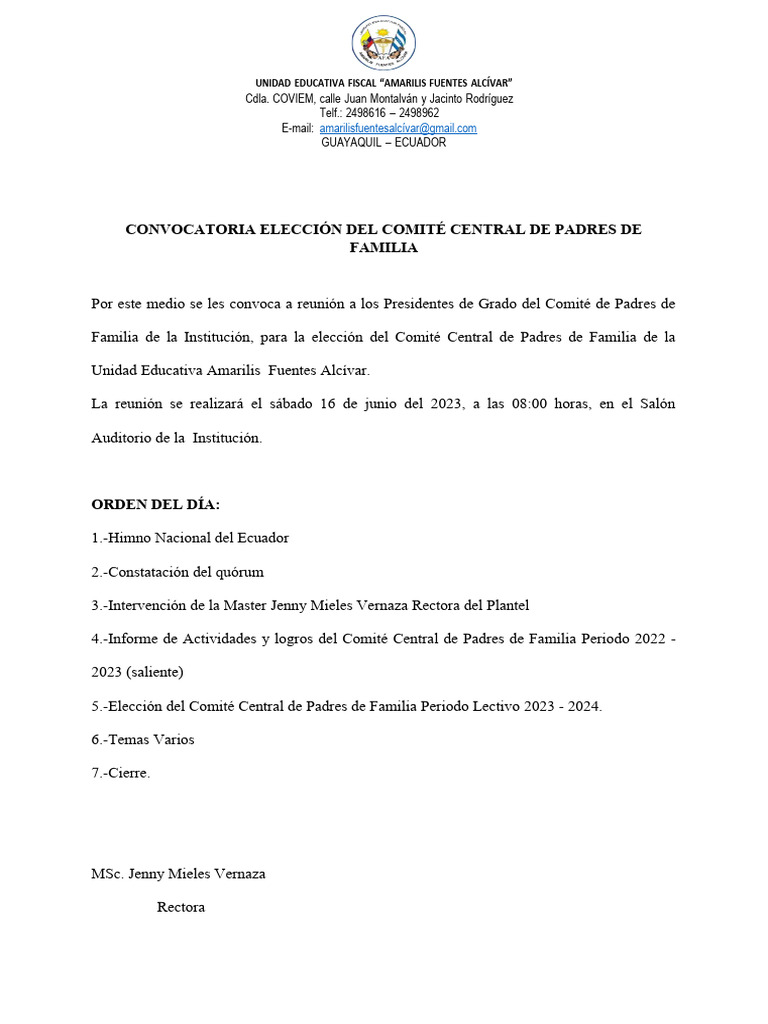 CONVOCATORIA ELECCIÓN DEL COMITÉ CENTRAL DE PADRES DE FAMILIA | PDF