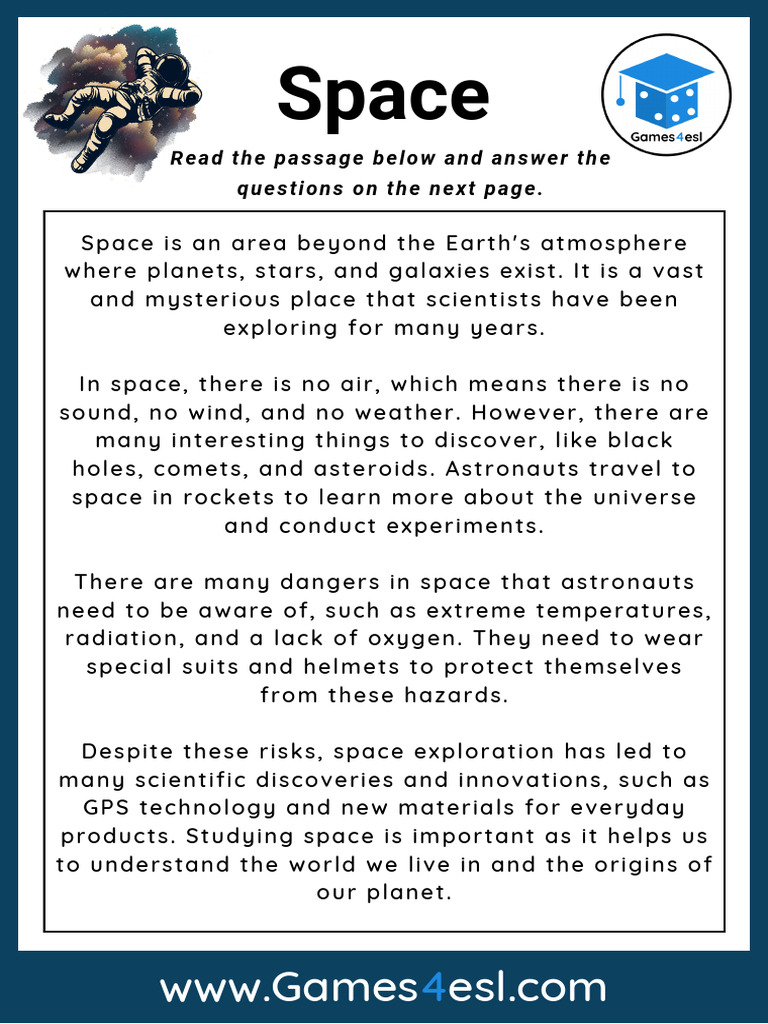 Reading Comprehension Worksheet Space | PDF