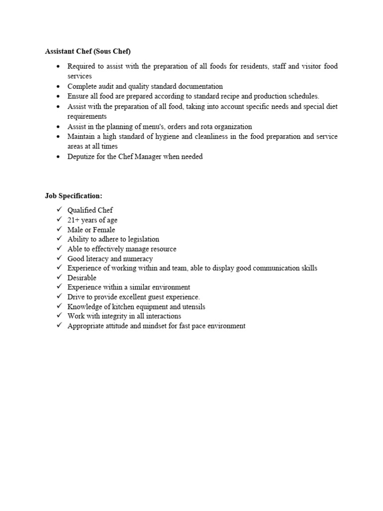 Assistant Chef and Cook | PDF | Chef | Kitchen