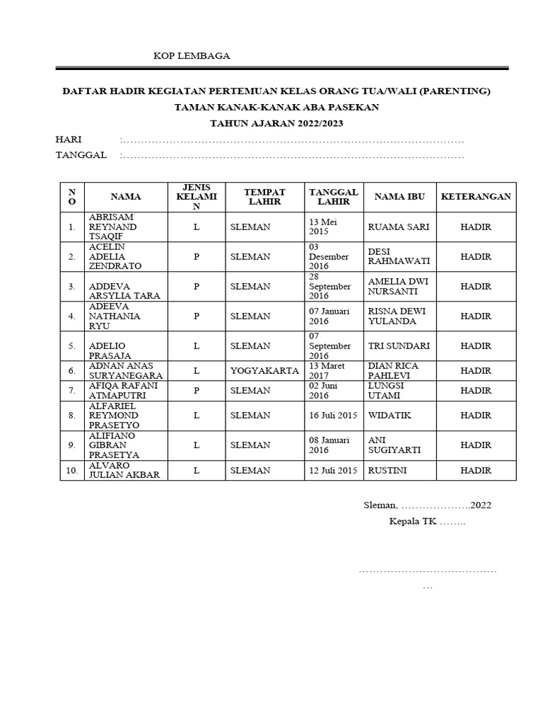 Contoh Daftar Hadir Parenting | PDF