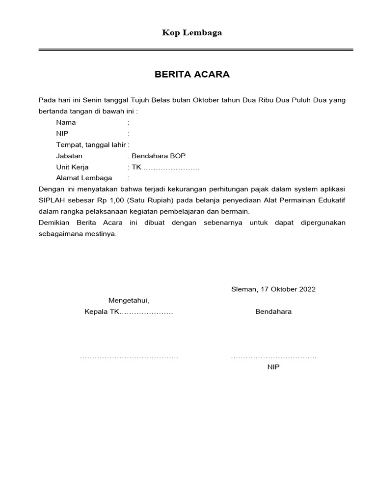 Contoh Berita Acara Selisih Harga | PDF | Olahraga & Rekreasi | Game ...