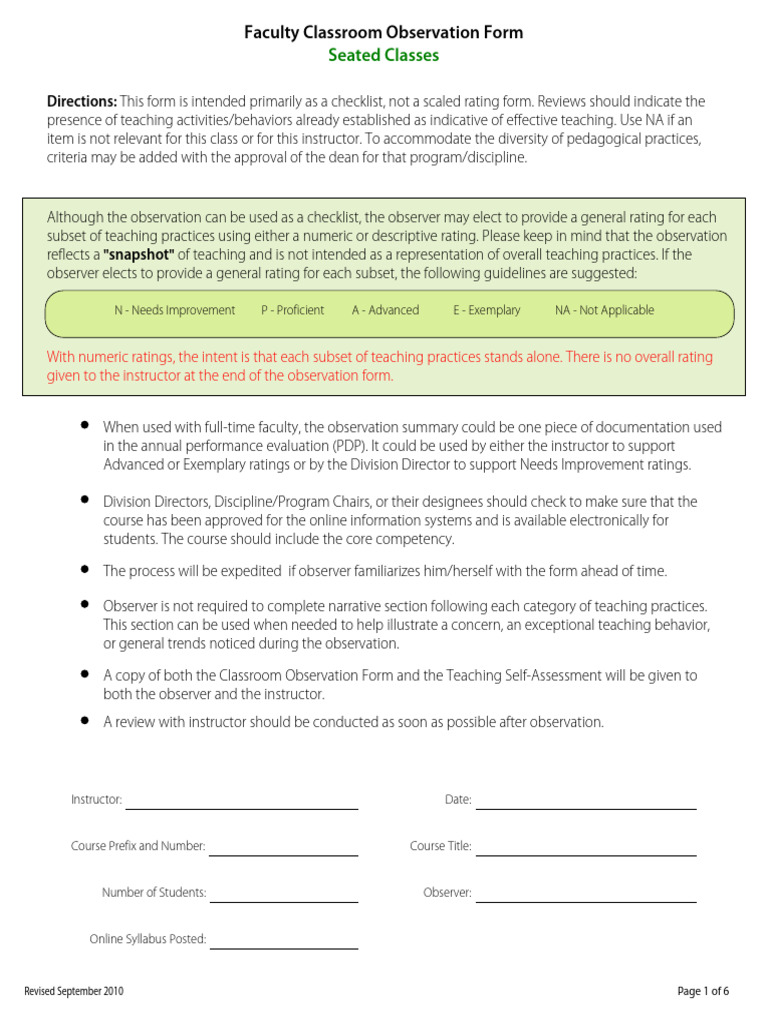Faculty Classroom Observation Checklist | PDF | Learning | Educational ...