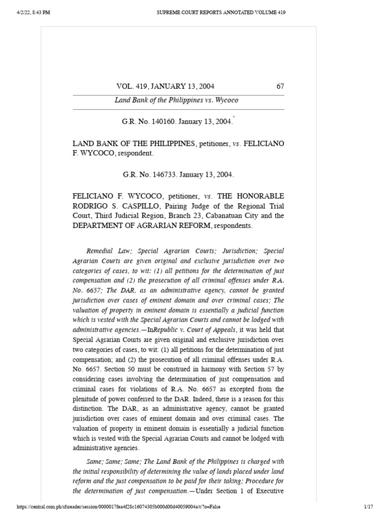 Land Bank of The Philippines vs. Wycoco | PDF | Jurisdiction | Eminent ...