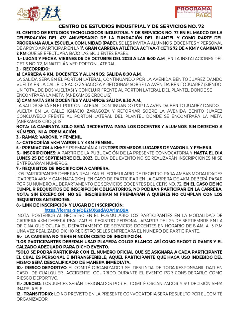 Primera Carrera Activa-T Cetis 72 Convocatoria | PDF