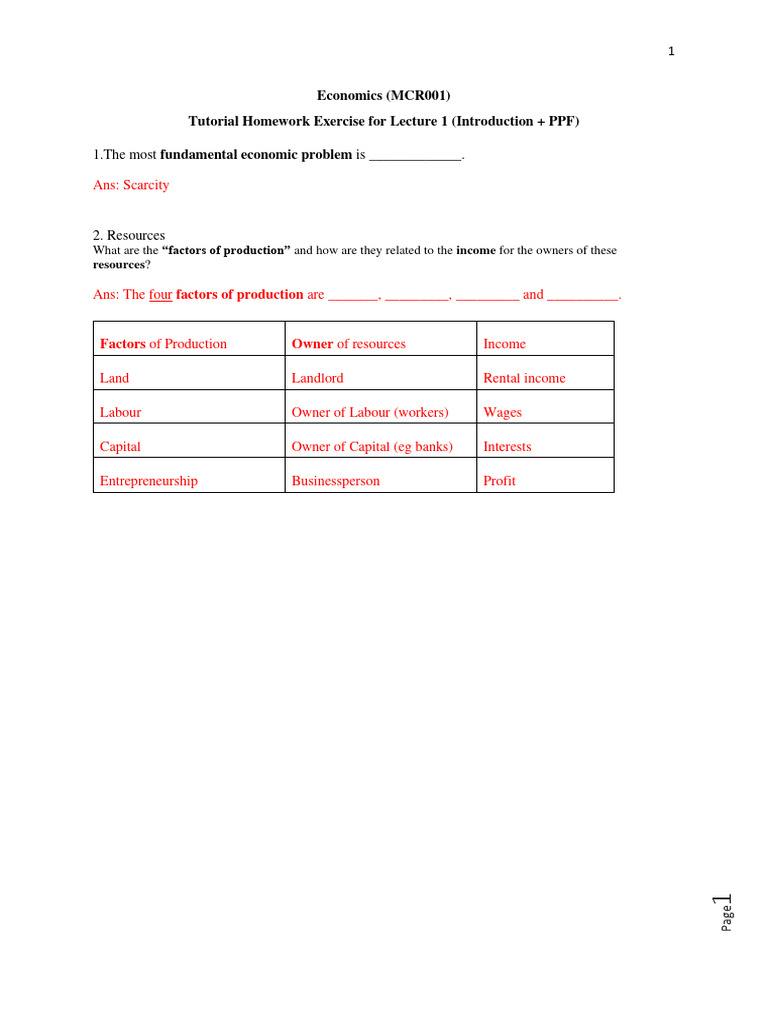 Economics (MCR001) Tutorial Homework Exercise For Lecture 1 (Introduction + PPF) | PDF | Trade ...