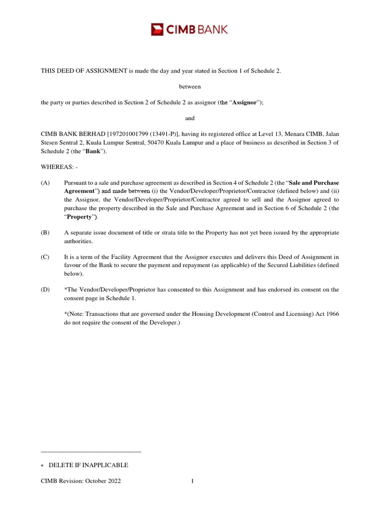 CIMB Deed of Assignment Eng | PDF | Assignment (Law) | Indemnity