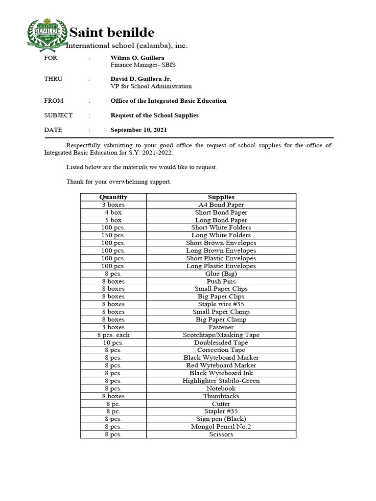 School Supplies Request | PDF | Stationery | Office Work