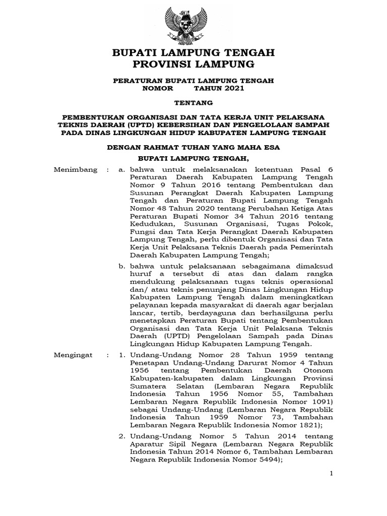 Draft Perbup UPTD Pengolahan Sampah PERUBAHAN | PDF