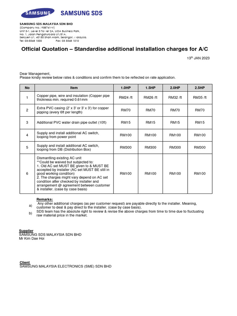 Official Quotation - Standardise Additional AC Installation Charges ...