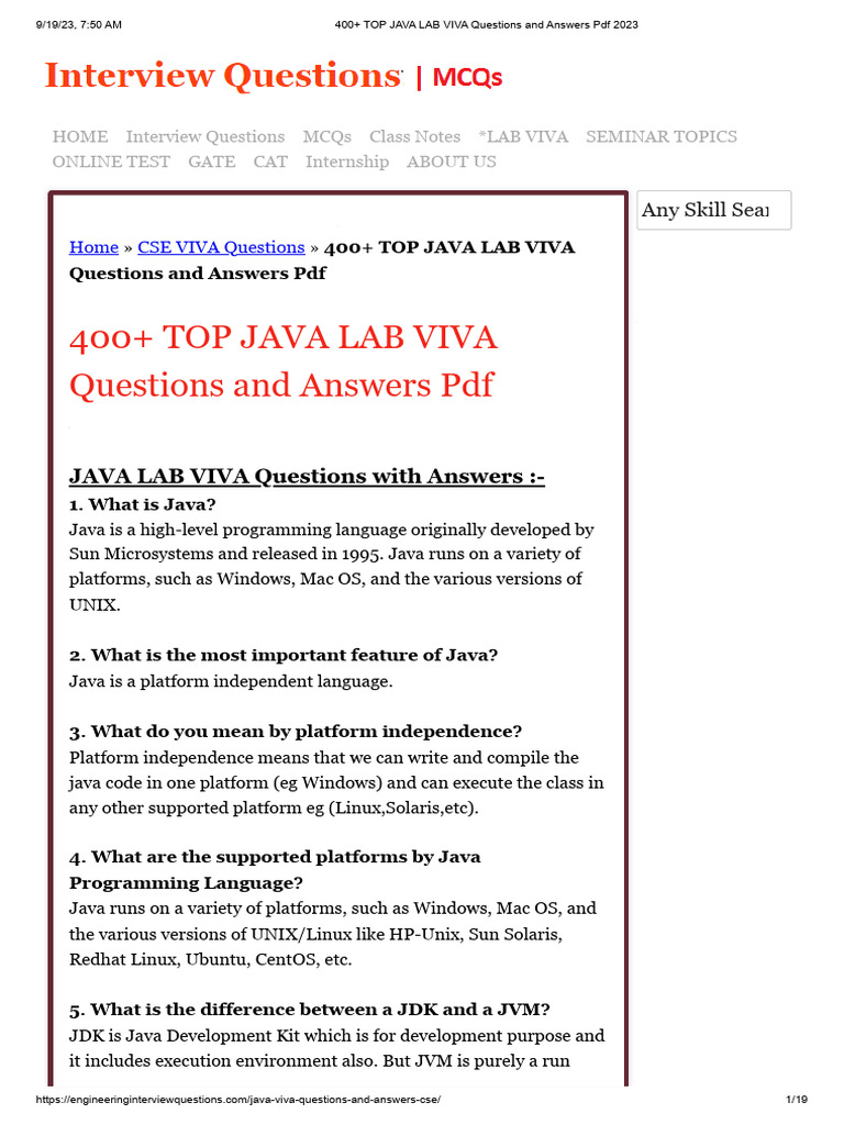 400+ TOP JAVA LAB VIVA Questions and Answers PDF 2023 | Download Free PDF | Java (Programming ...