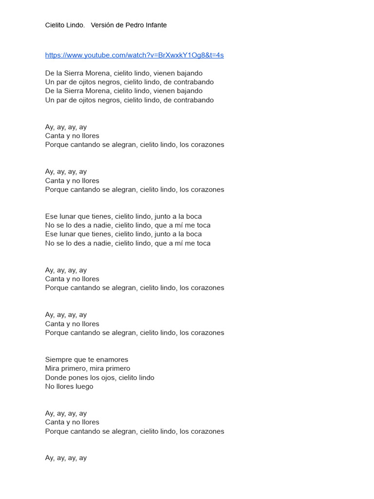 Letra de Cielito Lindo - Pedro Infante | PDF