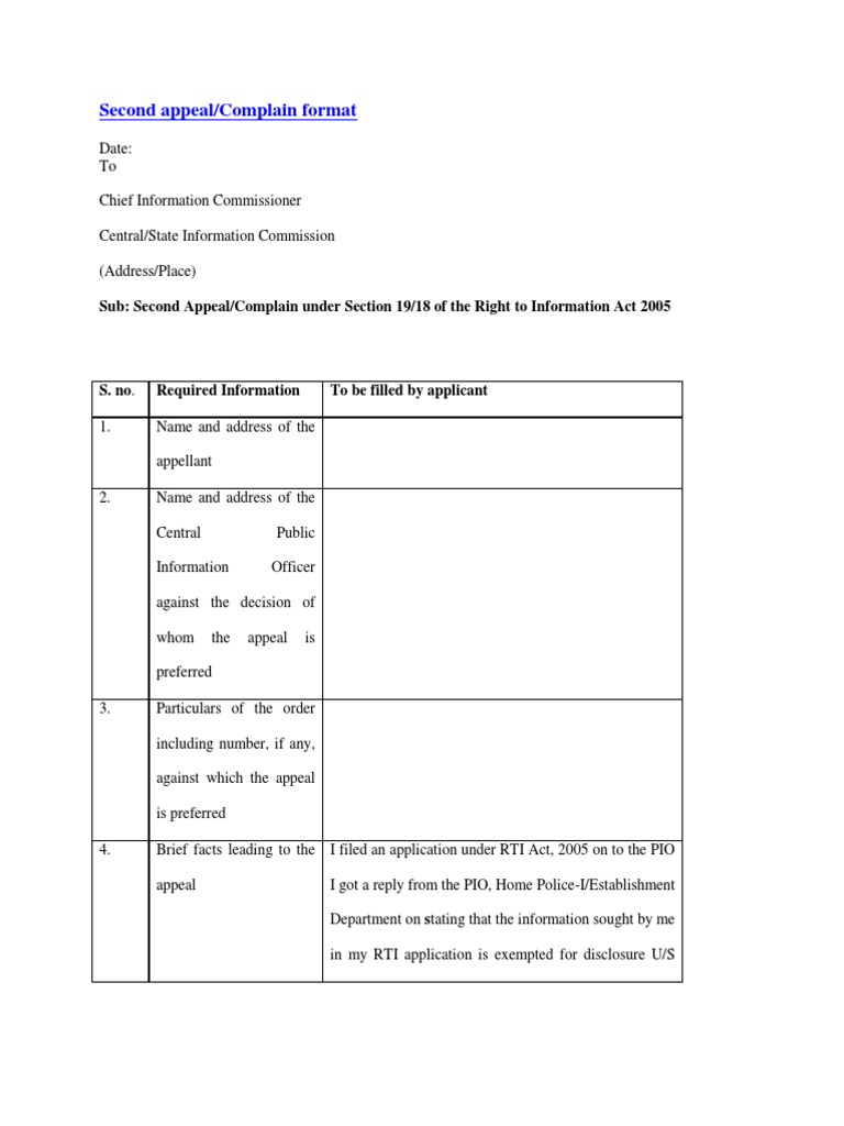 Second Appeal/complain Format: Sub: Second Appeal/Complain Under Section 19/18 of The Right To ...