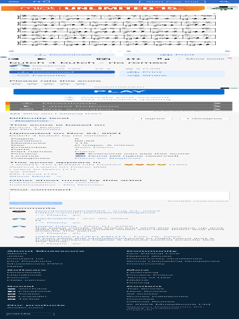 Butch 4 Butch - Rio Romeo Sheet Music For Piano (Solo) Musescore - Com ...