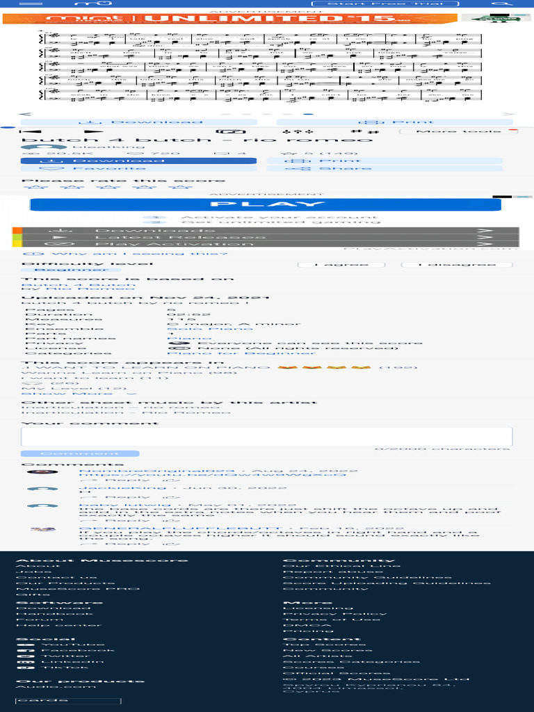 Butch 4 Butch - Rio Romeo Sheet Music For Piano (Solo) Musescore - Com 5 | Download Free PDF ...