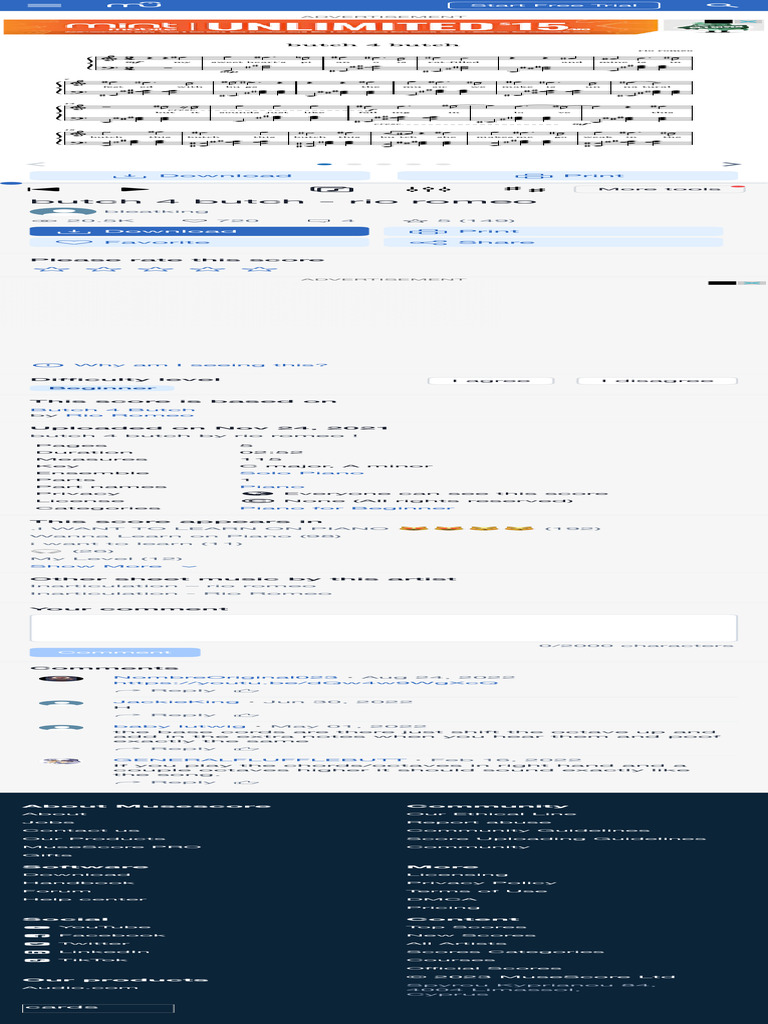 Butch 4 Butch - Rio Romeo Sheet Music For Piano (Solo) | Download Free ...
